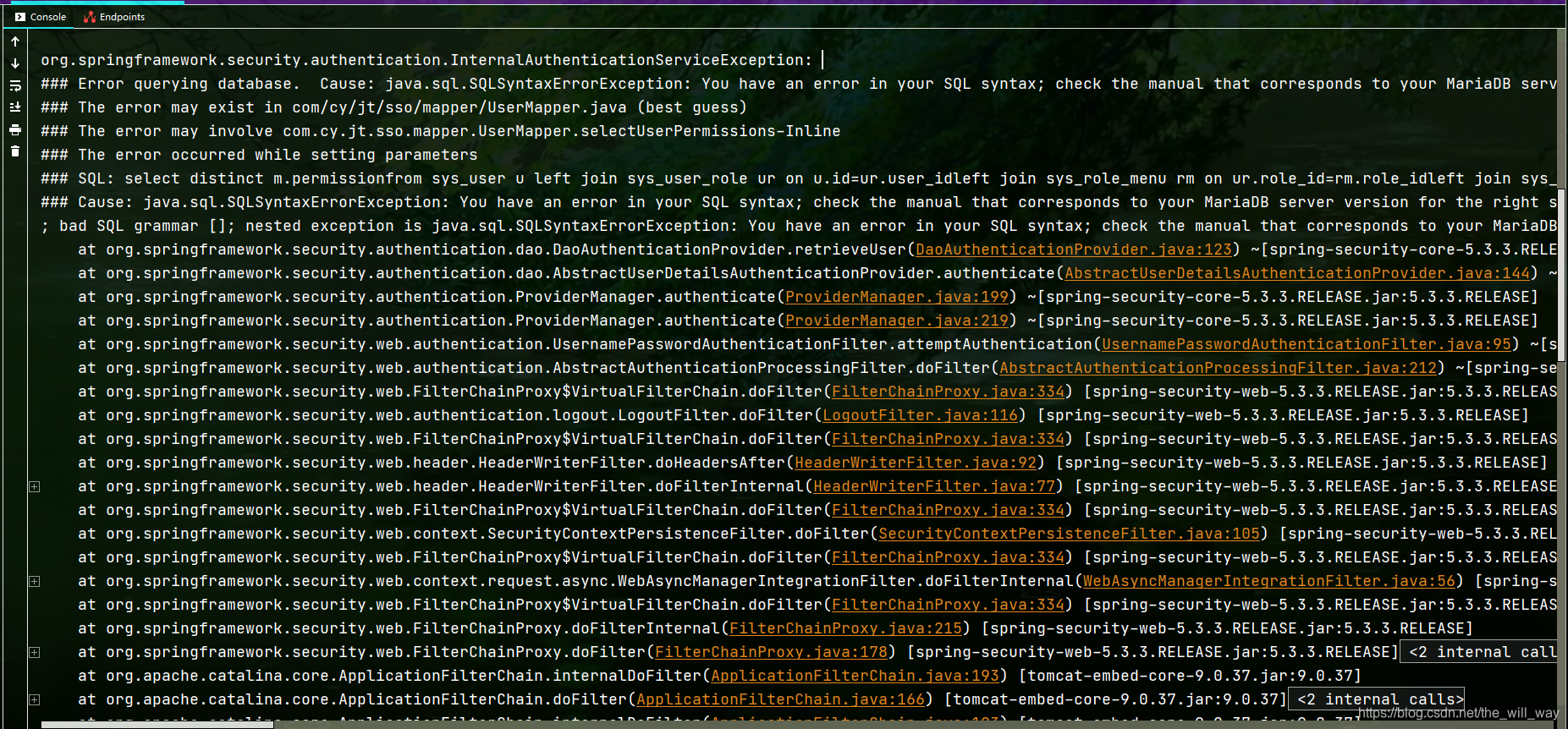 InternalAuthenticationServiceException Cause: java.sql.SQLSyntaxErrorException-CSDN博客