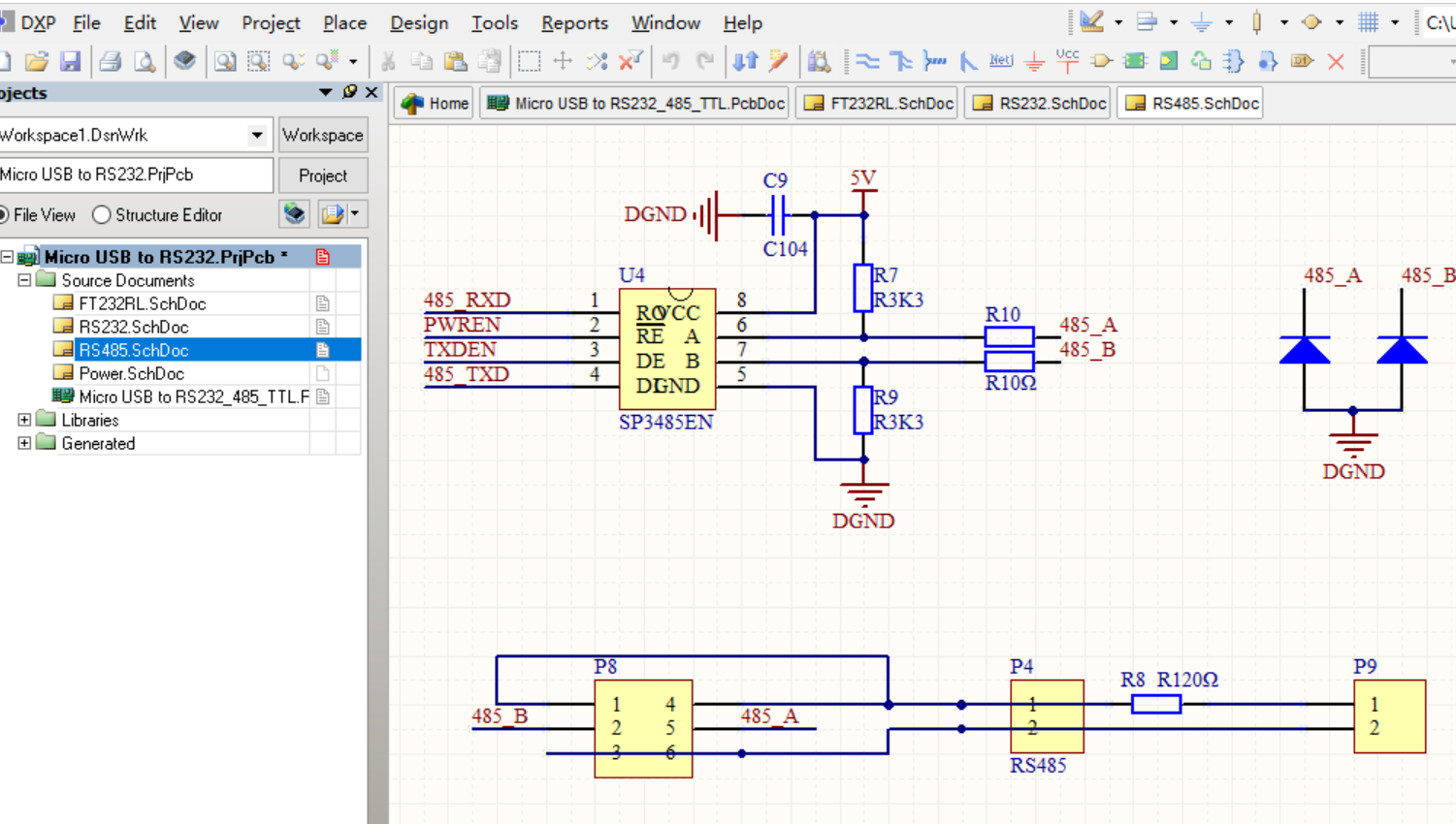 FT232RL+ SP3485EN+ SP213设计Micro USB to RS232 485串口AD设计硬件原理图+PCB工程文件_ad画rs232原理图文件-CSDN博客