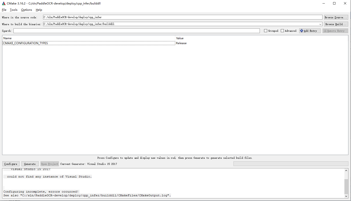 解决：CMake Error ：Visual Studio 15 2017 -could not find any instance of Visual Studio.-CSDN博客