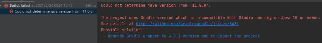 Android Studio — Could not determine java version from ‘11.0.8‘. The project uses Gradle version ...