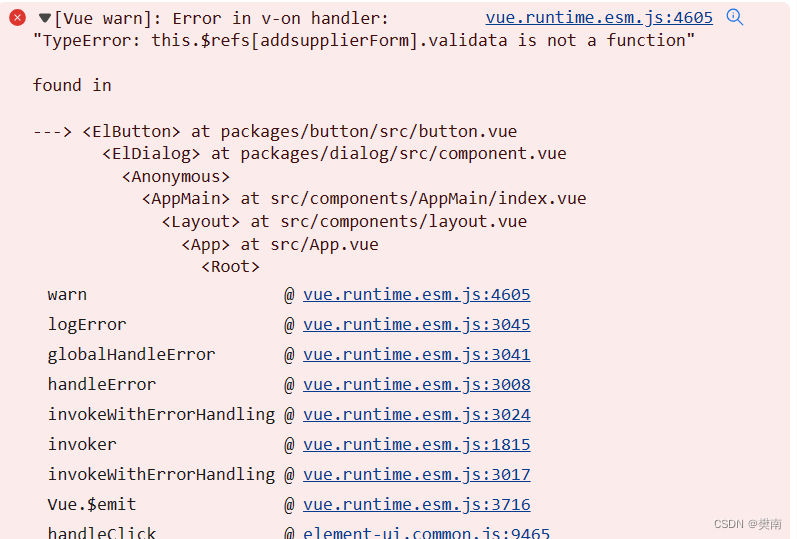 【报错6】 Error in v-on handler: “TypeError: this.$refs[addsupplierForm].validata is not a function ...