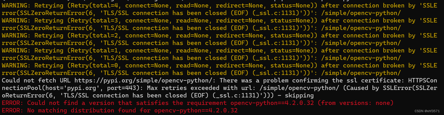 Could not fetch URL https://pypi.org/simple/opencv-python/: There was a problem confirming the ...