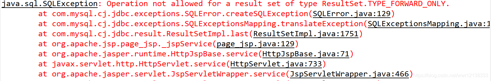 Operation not allowed for a result set of type ResultSet.TYPE_FORWORWARD_ONLY._java.sql ...