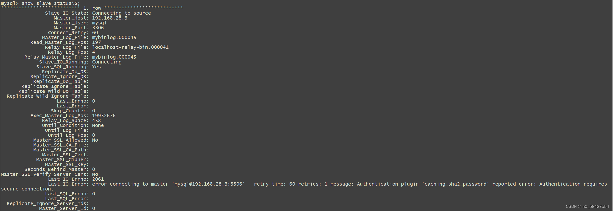 主从同步的加密方式不一致问题_error connecting to master retries: 1 message: aut-CSDN博客