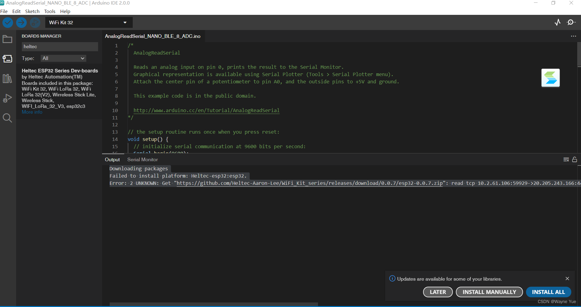 【Arduino安装heltec失败】 IDE 2.0 无法安装成都惠特heltec esp32板卡库，Error: 2 UNKNOWN: Get “https://github.com ...