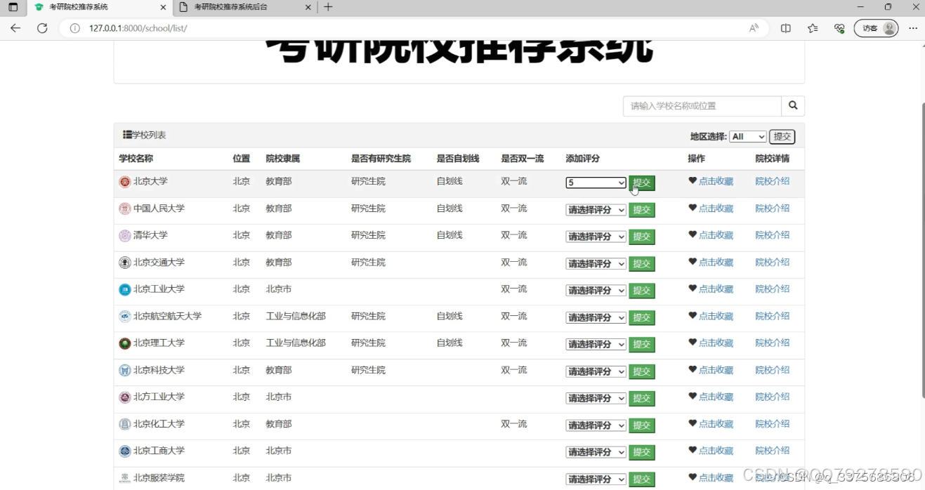 大数据毕业设计：python考研院校推荐系统 协同过滤推荐算法 爬虫 可视化 Django框架（源码文档） Csdn博客