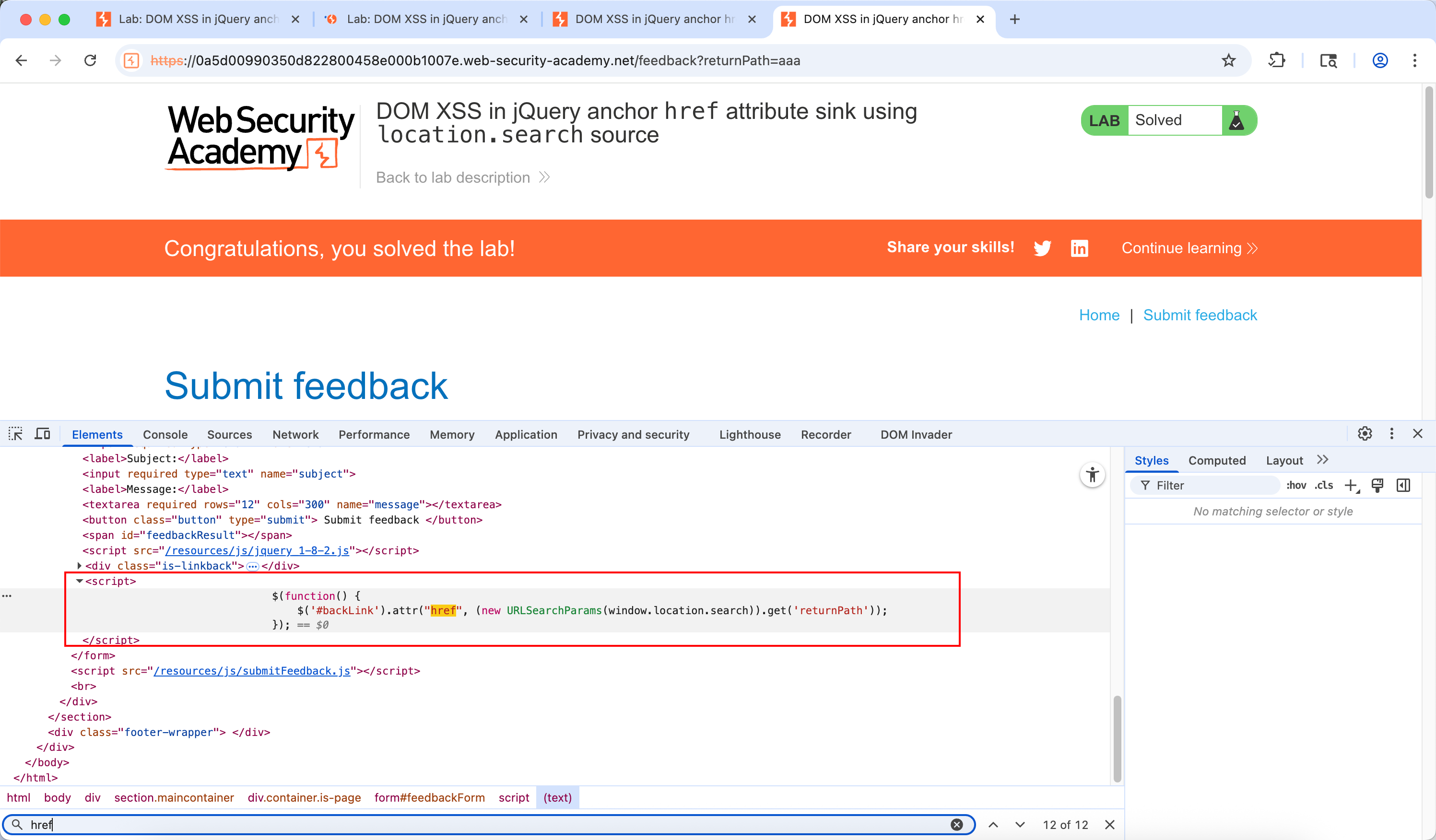 PortSwiggerDOM XSS in jQuery anchor href attribute sink using location.search source-CSDN博客