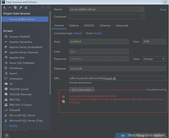 IDEA连接mysql8.0.16报错-Connection to icloud_db@localhost failed.[08001] Could not create connection ...