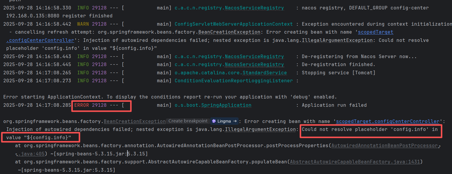 Spring Boot 集成 Nacos 配置中心时 “无法解析配置占位符 ${config.info}” 的排查-CSDN博客
