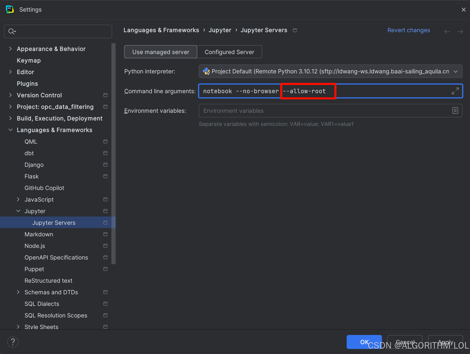 Pycharm中连接到服务器使用jupyter运行时提示提示Running as root is not recommended. Use --allow-root to bypass.-CSDN博客