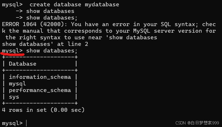 在终端创建MySQL数据库，使用 show database；不显示的一个解决方法_show databases没有任何数据库出现-CSDN博客