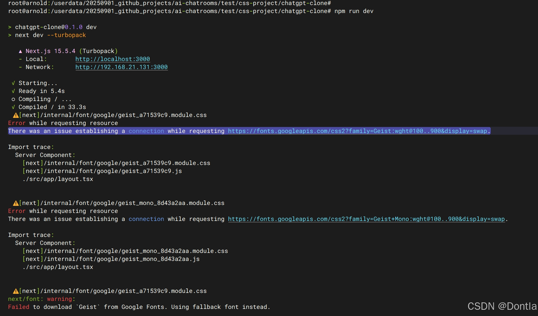 There was an issue establishing a connection while requesting https://fonts.googleapis.com/css2 ...