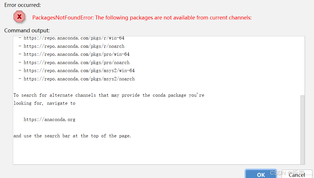 Solving environment: failed PackagesNotFoundError: The following packages are not available from ...