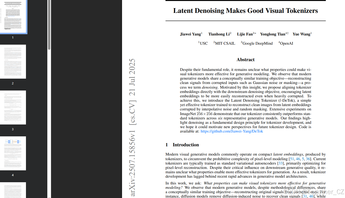 DeTok：Latent Denoising Makes Good Visual Tokenizers——潜在去噪造就优秀的视觉分词器-CSDN博客
