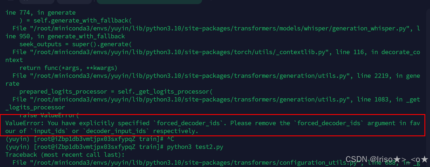 ValueError: You have explicitly specified forced_decoder_ids. Please remove the forced_decoder ...