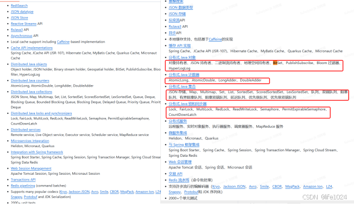 redisson，分布式锁（可重入锁、公平锁、联锁、红锁）集合（列表、集合、映射、有序集合）同步工具（CountDown）对象，分布式服务（远程服务调用、执行器、调度器）分布式消息（发布订阅 ...