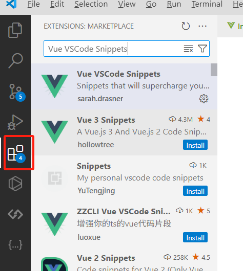 vs code安装插件Vue VSCode Snippets，实现快捷键生成vue代码模板和代码片段，包含详细步骤和截图，亲测可用_vscode安装vue插件-CSDN博客
