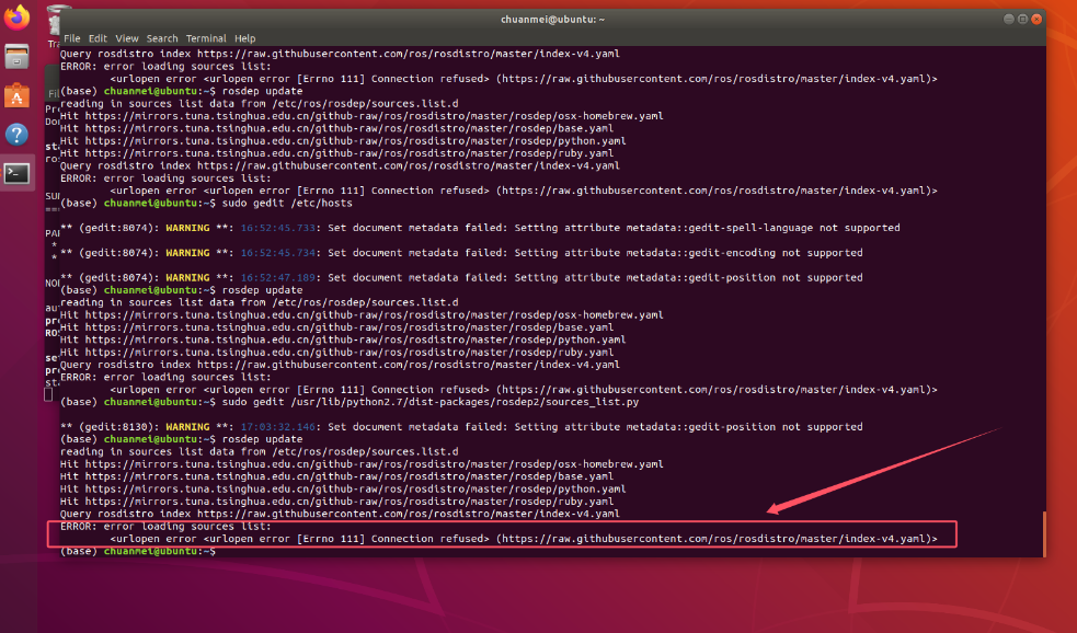 Errno 111] Connection refused＞ (https://raw.githubusercontent.com/ros/rosdistro/master/index-v4 ...