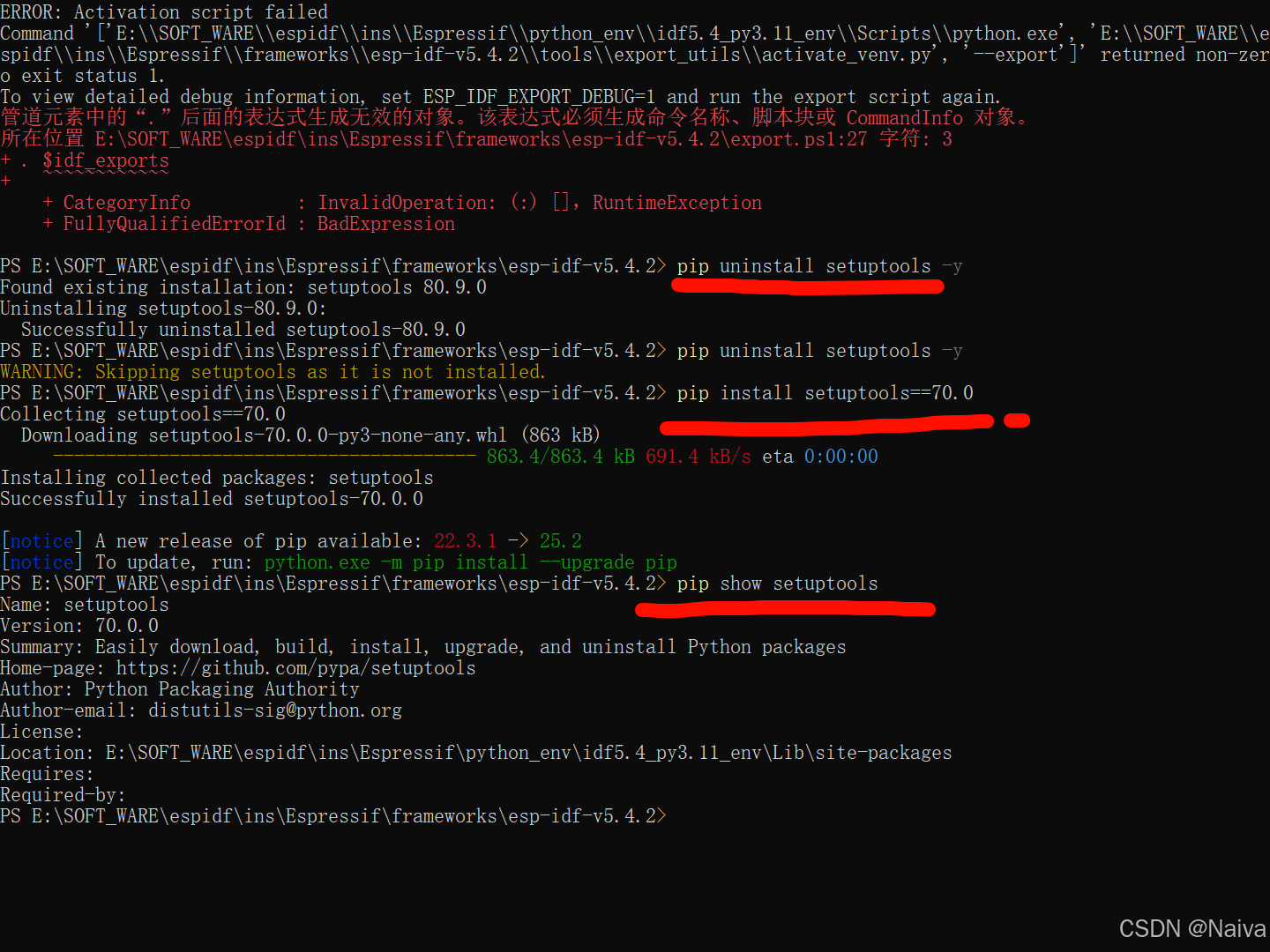 【小技巧】ESP-IDF“Failed to set target esp32c3: non zero exit code 1:Requirement ‘setuptools＜71.0.1 ...