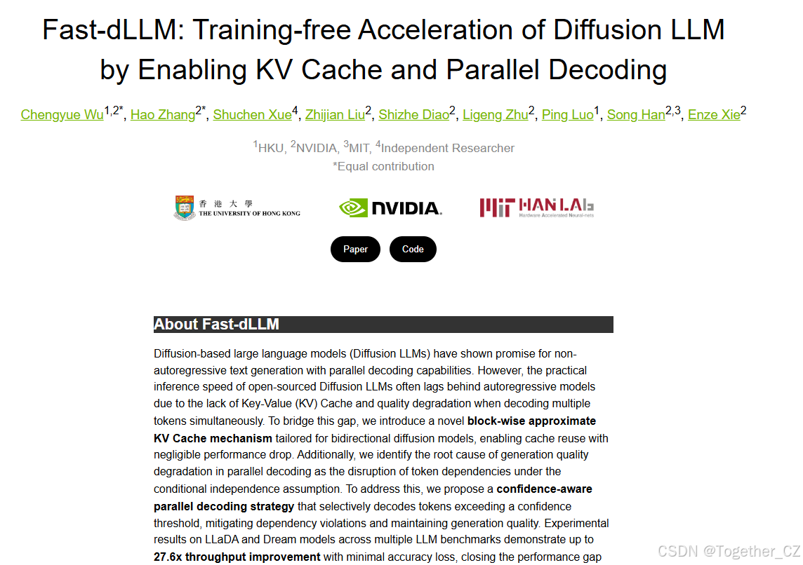 Fast-dLLM: Training-free Acceleration of Diffusion LLM by Enabling KV Cache and Parallel ...