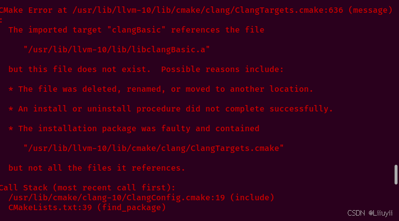 解决 The imported target “clangBasic“ references the file “/usr/lib/llvm-10/lib/libclangBasic.a“问题 ...