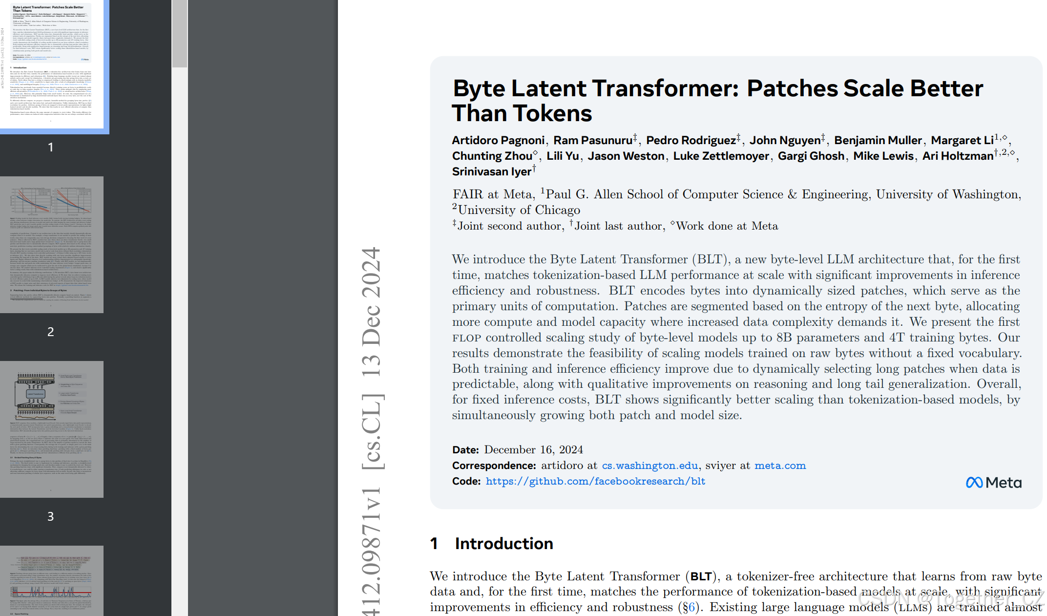 Byte Latent Transformer: Patches Scale BetterThan Tokens——字节潜在Transformer：补丁比令牌更高效_byte latent ...