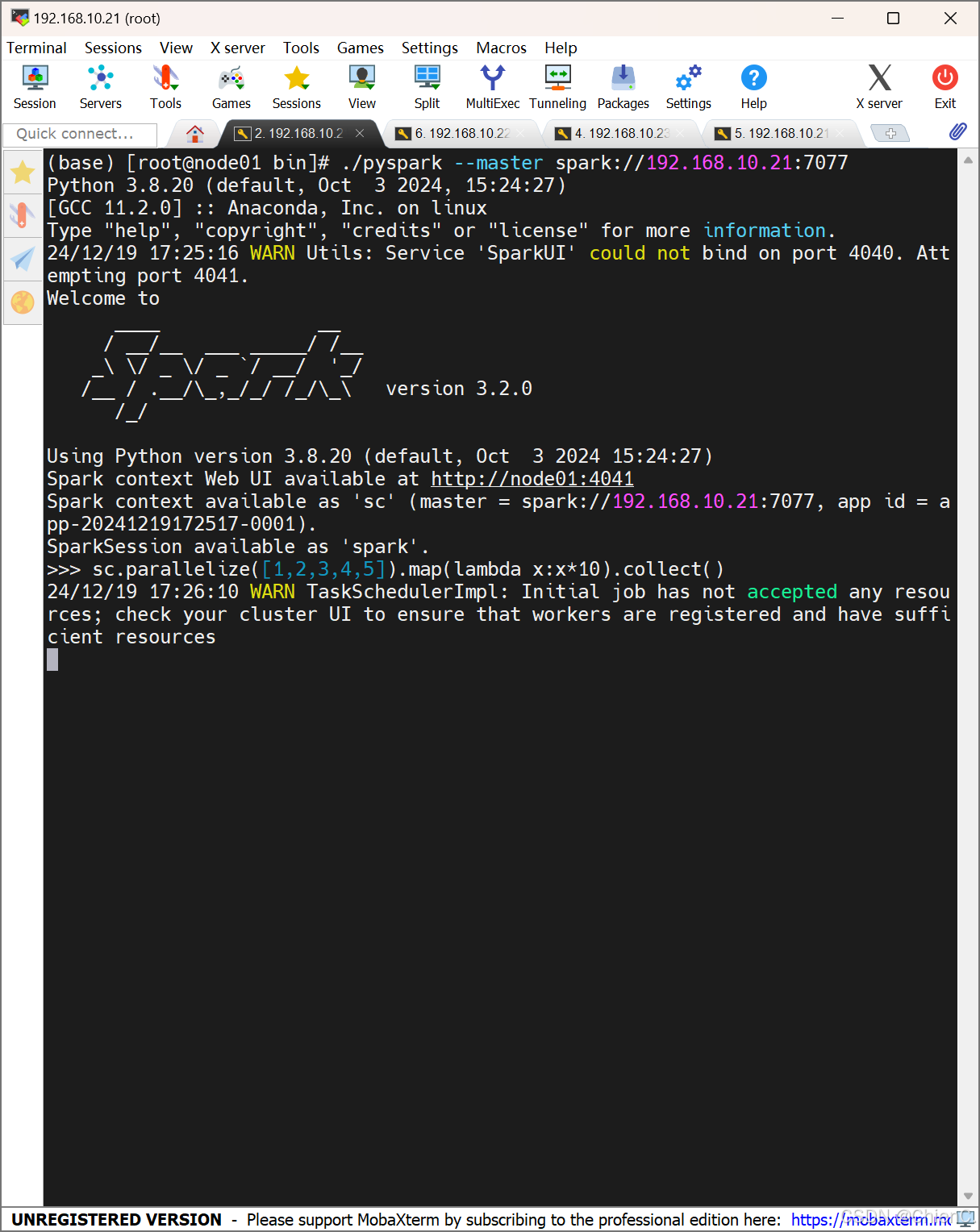 spark集群： WARN TaskSchedulerImpl: Initial job has not accepted any resources； check your cluster ...
