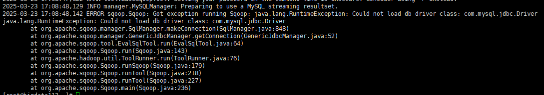 ERROR sqoop.Sqoop: Got exception running Sqoop: java.lang.RuntimeException: Could not load db ...