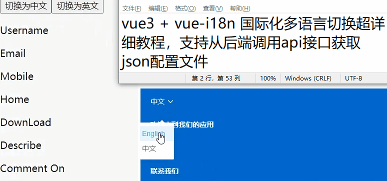 Vue3 - 实现vue-i18n国际化多语言中英文切换功能全流程，支持从后端服务器API获取语言json配置文件动态渲染，语言切换后全部页面立即实时变化可自定义新增各国语言（附带组件库的文字 ...