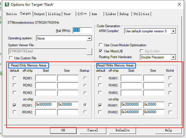 魔术棒之Target界面详解以及配合ROM、RAM、IROM、IRAM、DRAM、SRAM、Flash对Read-Only Memory Areas（只读存储区） 和 Read/Write ...