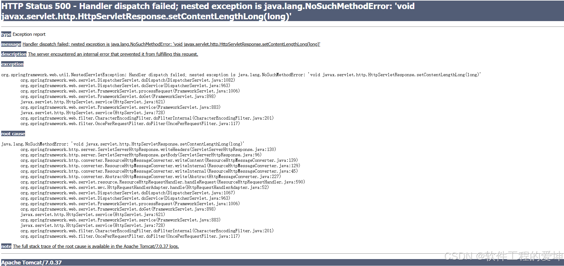 使用插件tomcat:run运行springmvc程序，并在浏览器中打开webapp目录下的前端页面，显示报错500: The server encountered an internal ...