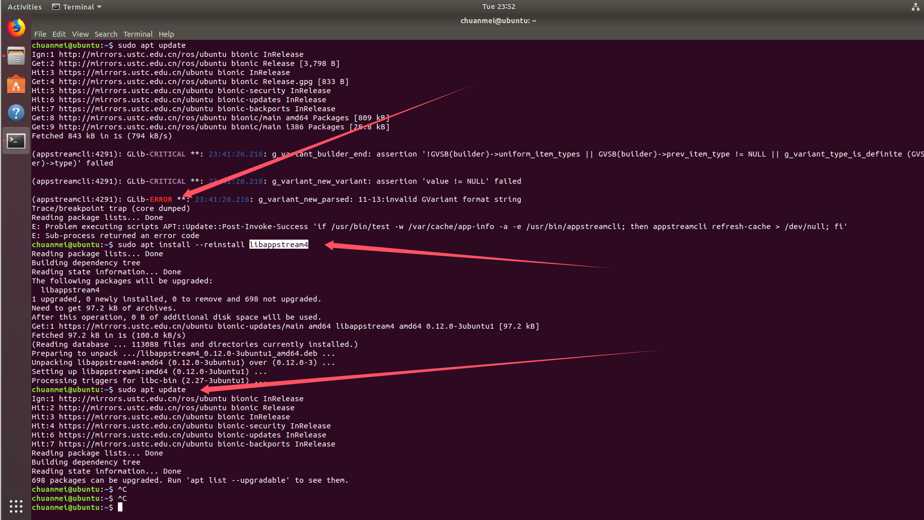 ubuntu 18.04 GLib-ERROR **: 23:41:26.216: g_variant_new_parsed: 11-13:invalid GVariant format ...