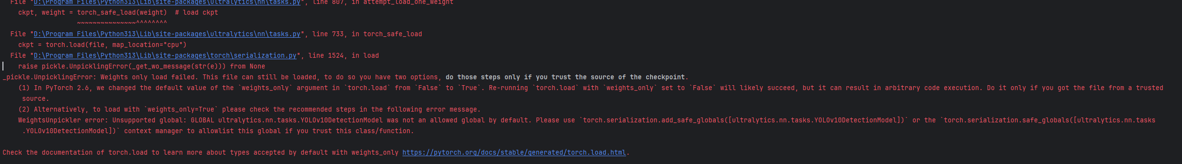 yolov10m.pt 报错 raise pickle.UnpicklingError(_get_wo_message(str(e))) from None_pickle.Unpicklin ...