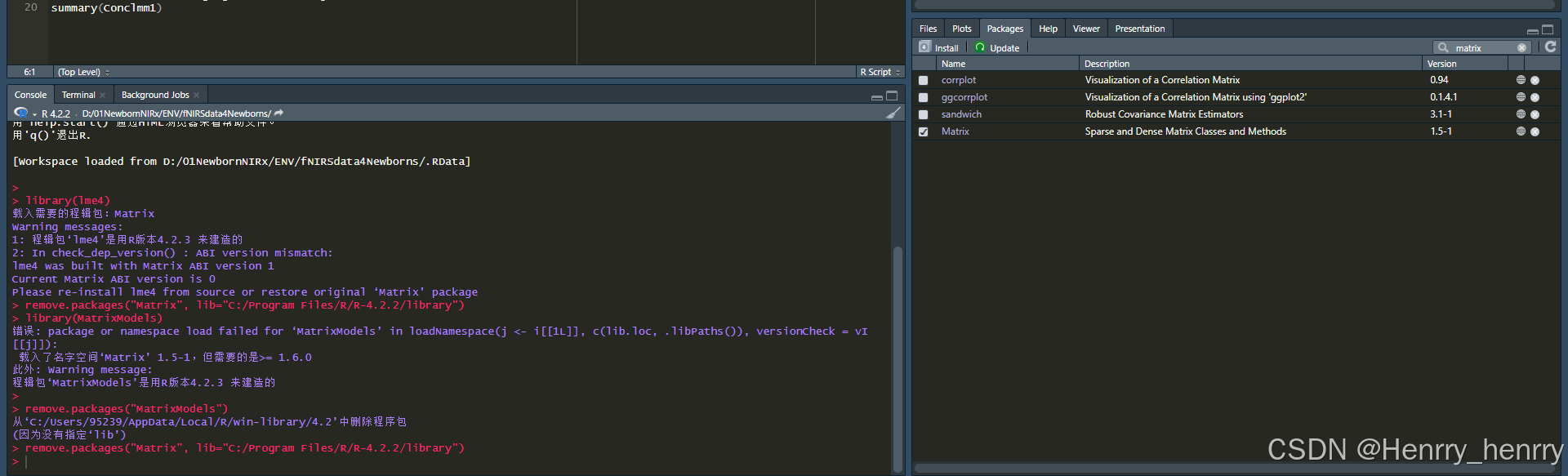 在Rstudio中使用lme4时对Matrix报错，手动更新Matrix无果，求助！_please re-install lme4 from source or restore orig-CSDN博客