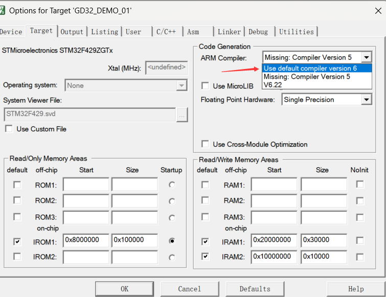 Target ‘GD32_DEMO_01‘ uses ARM-Compiler ‘Default Compiler Version 5‘ which is not available ...