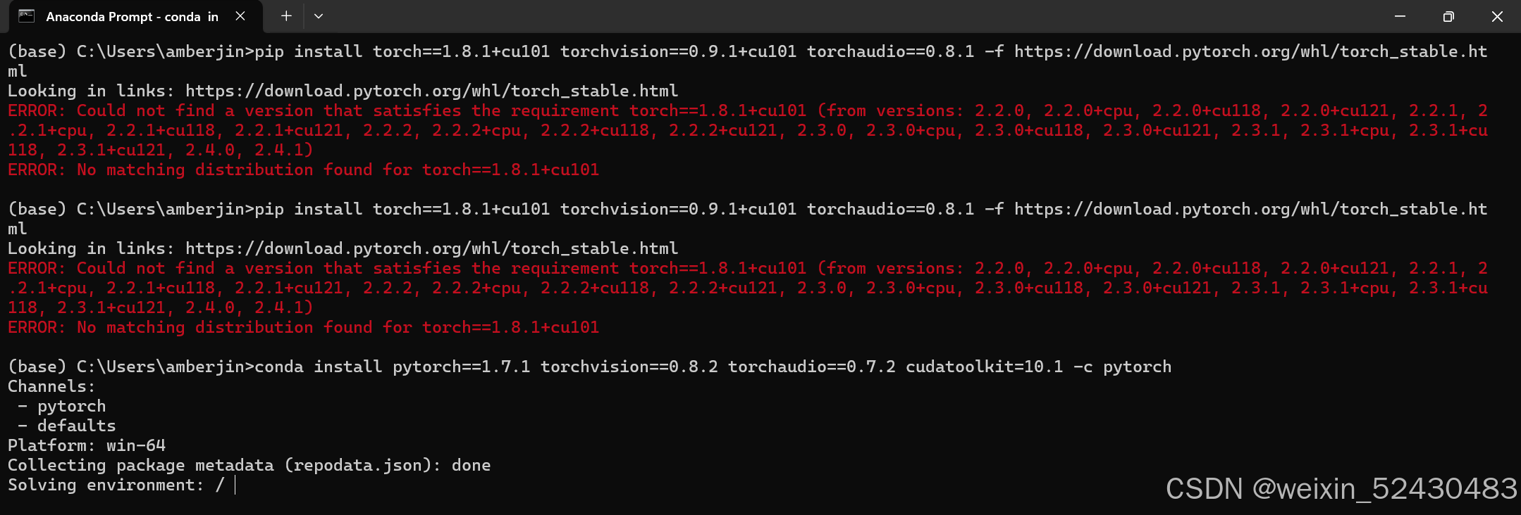 Collecting package metadata (repodata.json): doneSolving environment: /卡住不动了_platform: win-64 ...