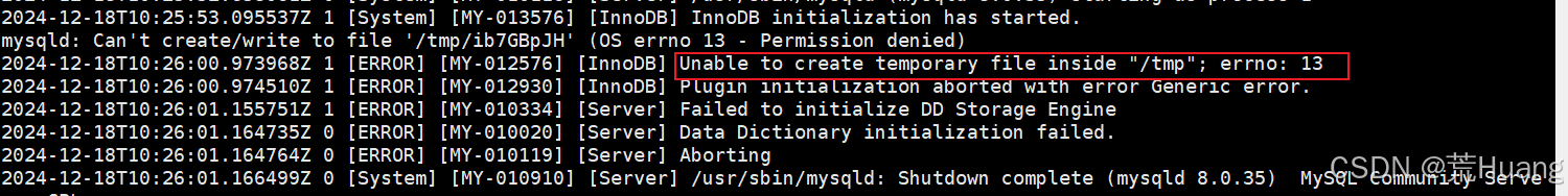 【MySQL】docker容器启动MySQL报错：Unable to create temporary file inside “/tmp“； errno: 13_unable to ...