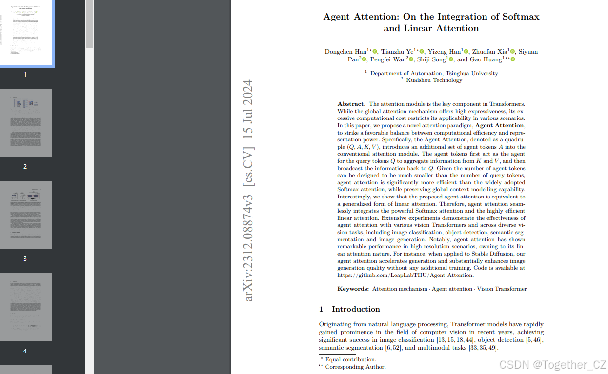 Agent Attention: On the Integration of Softmax and Linear Attention——代理注意力：Softmax与线性注意力的融合-CSDN博客