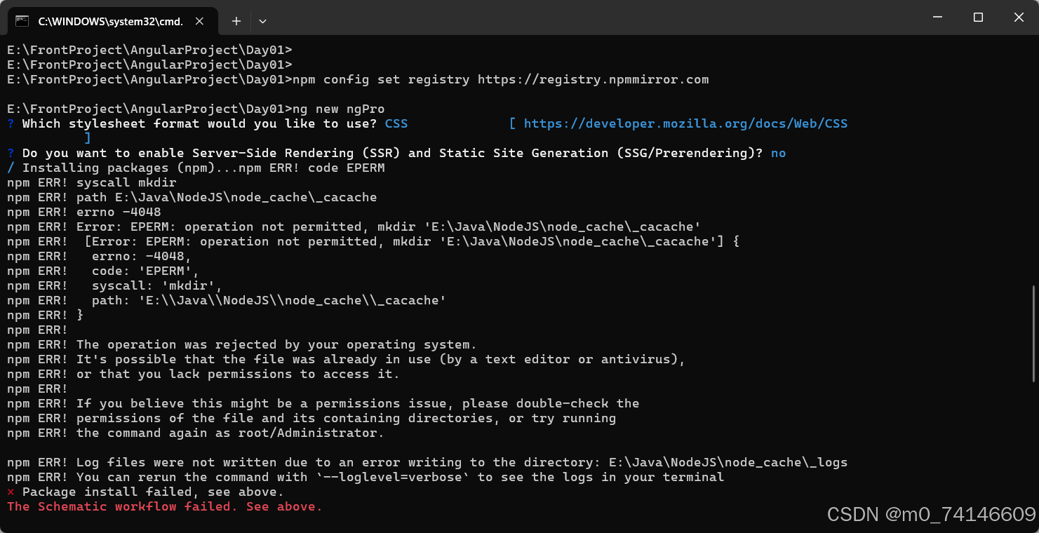 Angular创建项目报错 The Schematic workflow failed. See above.-CSDN博客