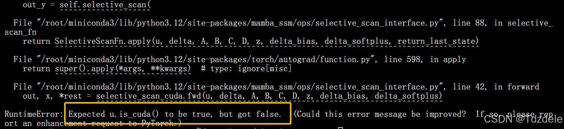 解决Mamba模块在ultralytics的YOLO框架中运行时Expected u.is_cuda() to be true, but got false.报错_runtimeerror ...