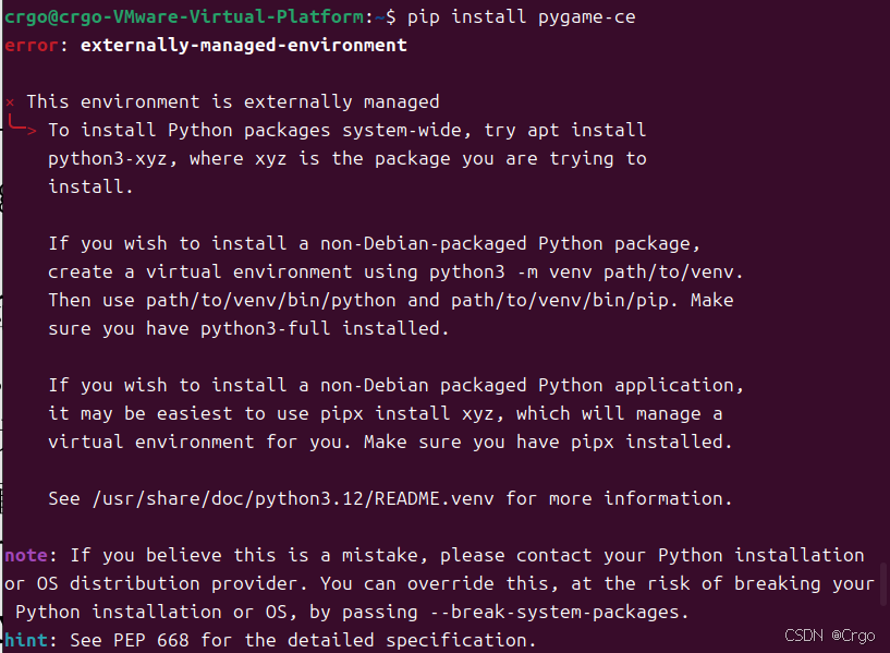 解决Ubuntu24中无法使用pip安装pygame_ubuntu 24 pip install-CSDN博客