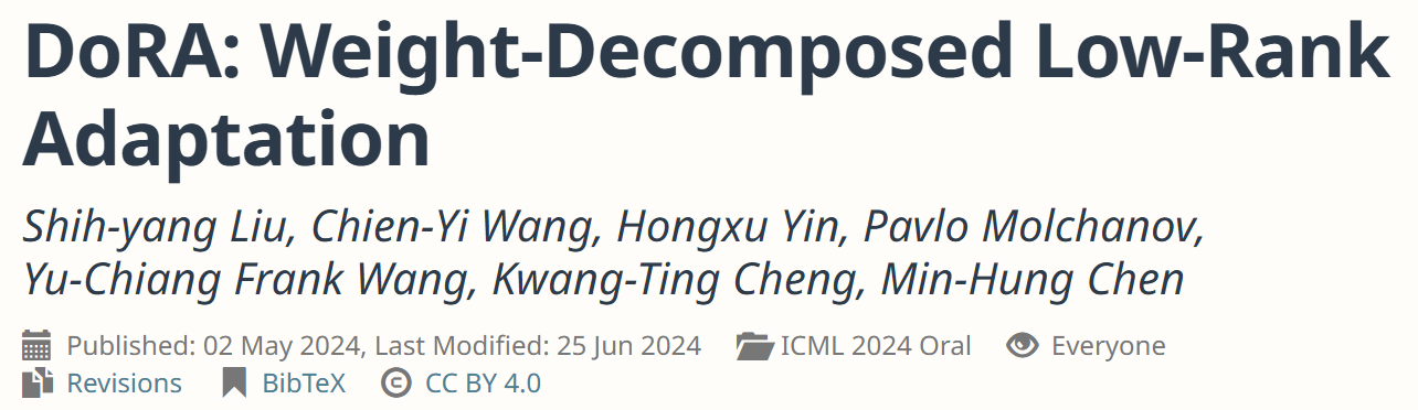 ICML 2024|DoRA :Weight-Decomposed Low-Rank Adaptation权重分解低秩适应_《dora ...