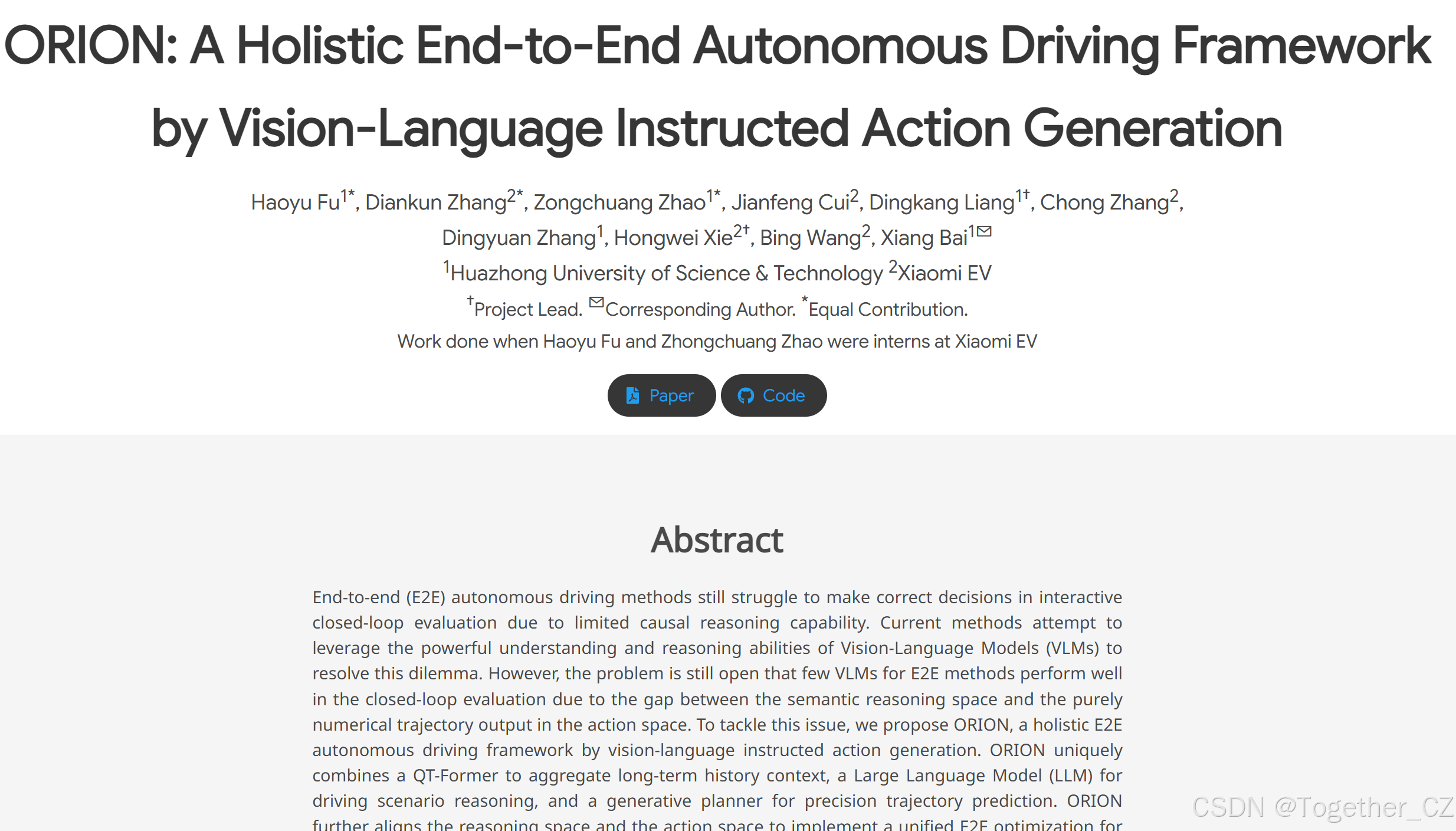 ORION：A Holistic End-to-End Autonomous Driving Framework byVision-Langua一种基于视觉-语言指令动作生成的完整端到端自动 ...