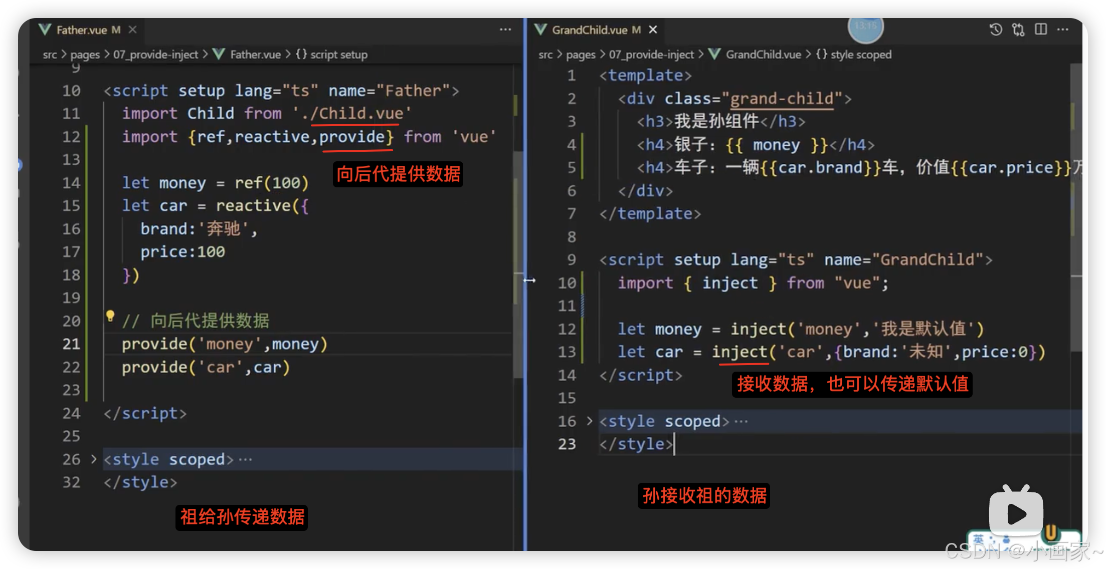 三十七：6.7. 【provide、inject】祖 孙之间传递数据_provide传递方法给后代组件-CSDN博客