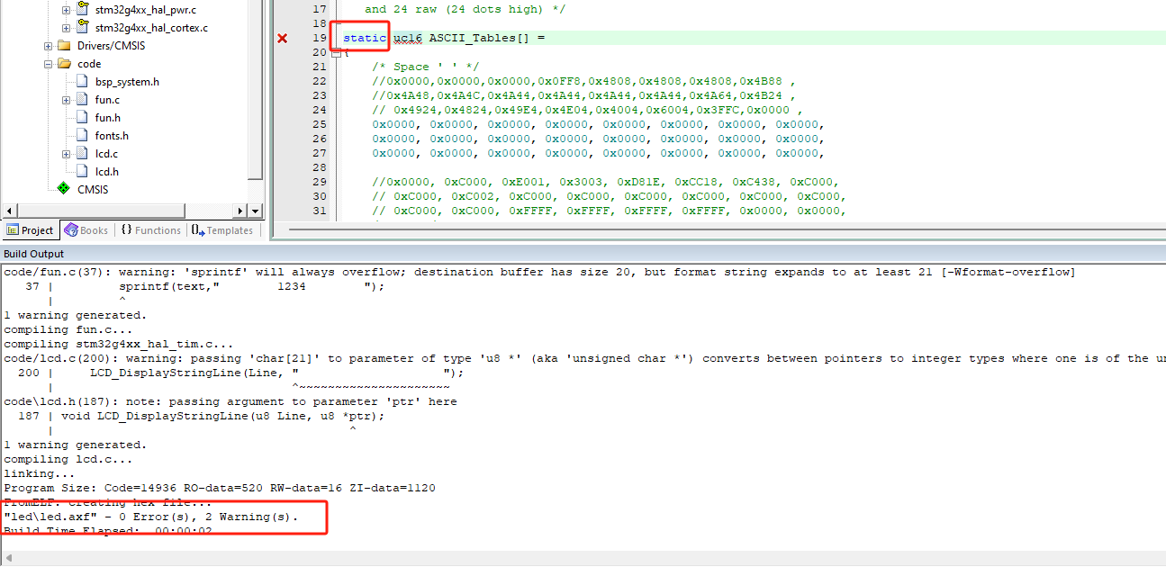 解决keil中的问题，led\led.axf: Error: L6200E: Symbol ASCII_Tables multiply defined (by fun.o and main.o ...