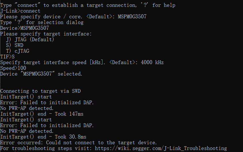 MSPM0G3507非官方开发板用J-Link烧录时出现错误 Error connecting to the target: Could not connect to target的解决办法 ...