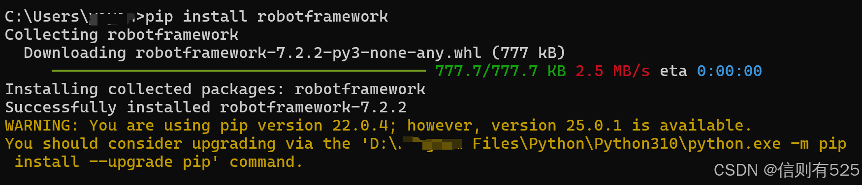 解决WARNING: You are using pip version 22.0.4； however, version 25.0.1 is available.You should ...