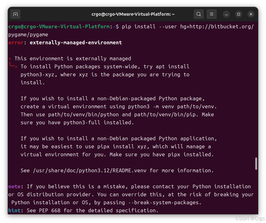 解决Ubuntu24中无法使用pip安装pygame_ubuntu 24 pip install-CSDN博客